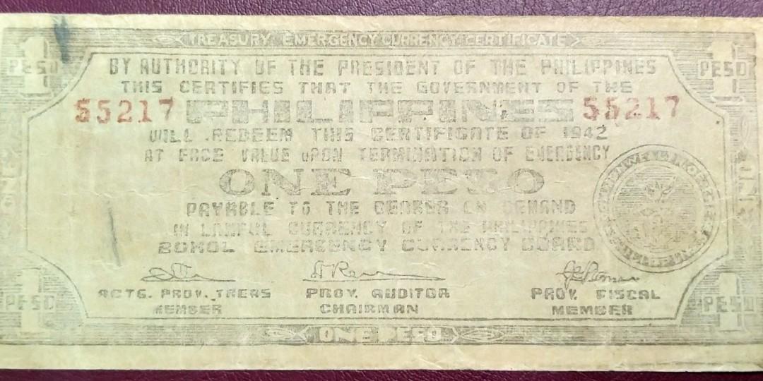 1942 Guerilla Notes : Tagbilaran , BOHOL 1 Peso old Banknote Fine ...