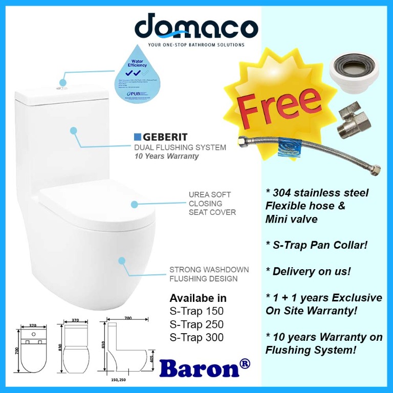 Baron W888 1-Piece Toilet Bowl (Geberit Flushing System), Furniture ...