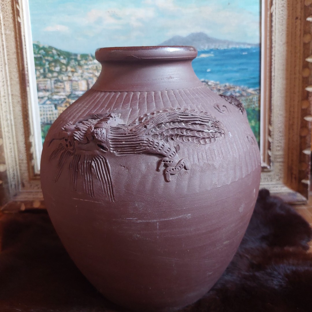 DRAGON ON RED CLAY JAR WITH ARTIST'S MARK, Furniture & Home Living ...