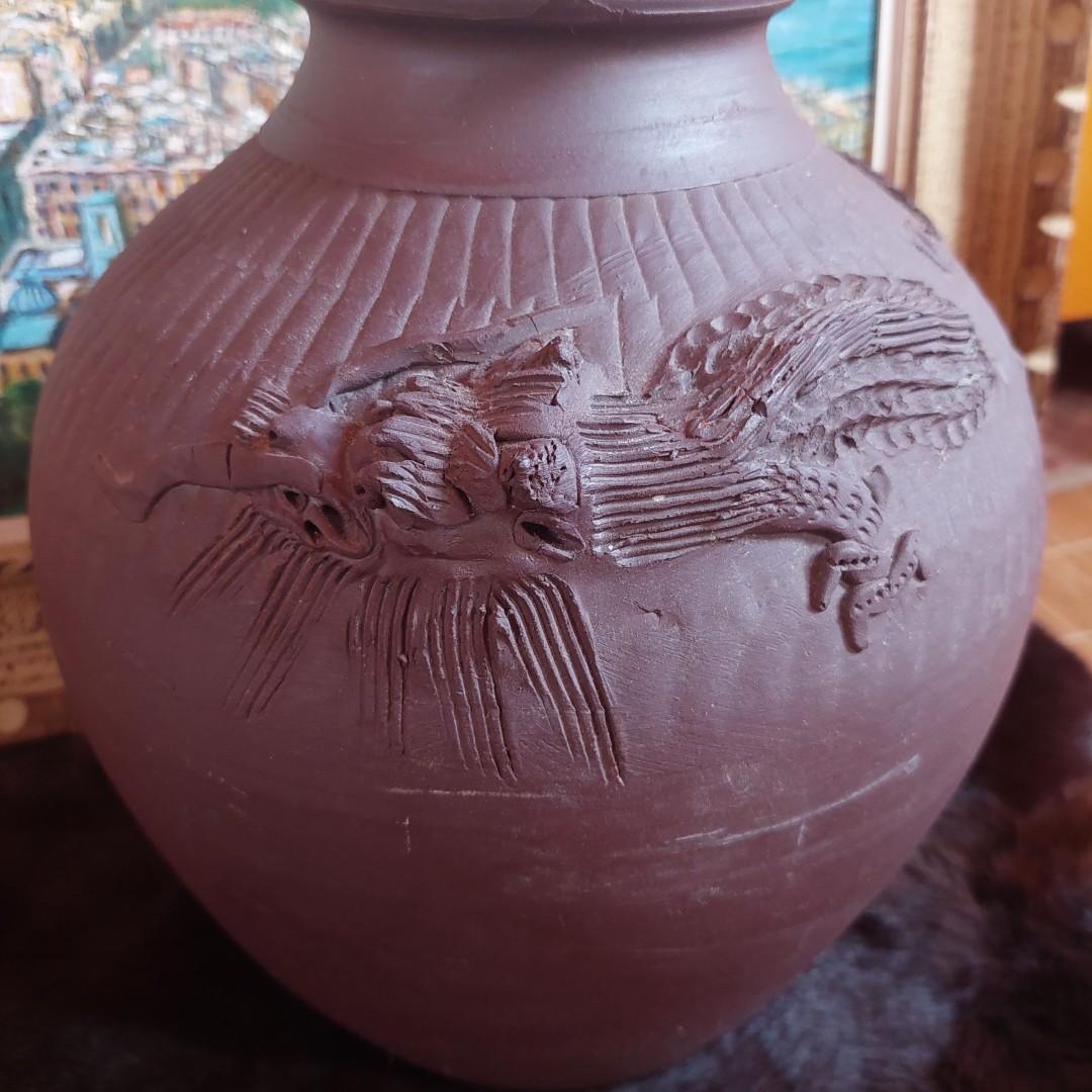 DRAGON ON RED CLAY JAR WITH ARTIST'S MARK, Furniture & Home Living ...