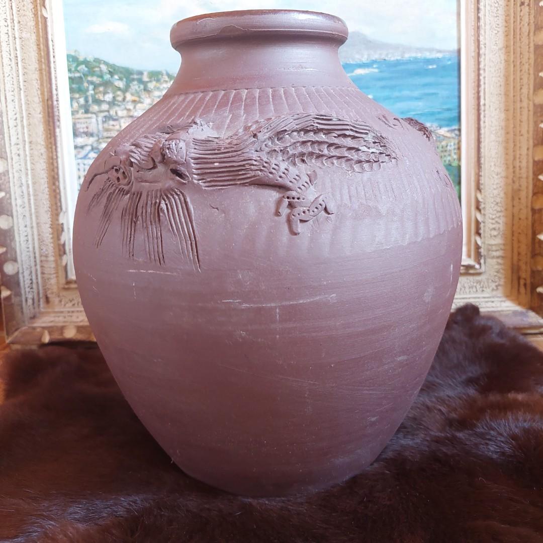 DRAGON ON RED CLAY JAR WITH ARTIST'S MARK, Furniture & Home Living ...