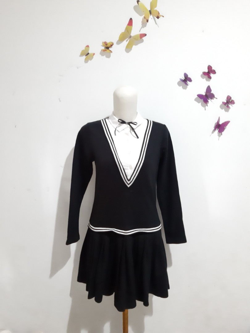 One Set Korean Uniform Dress, Fesyen Wanita, Pakaian Wanita, Gaun & Rok ...
