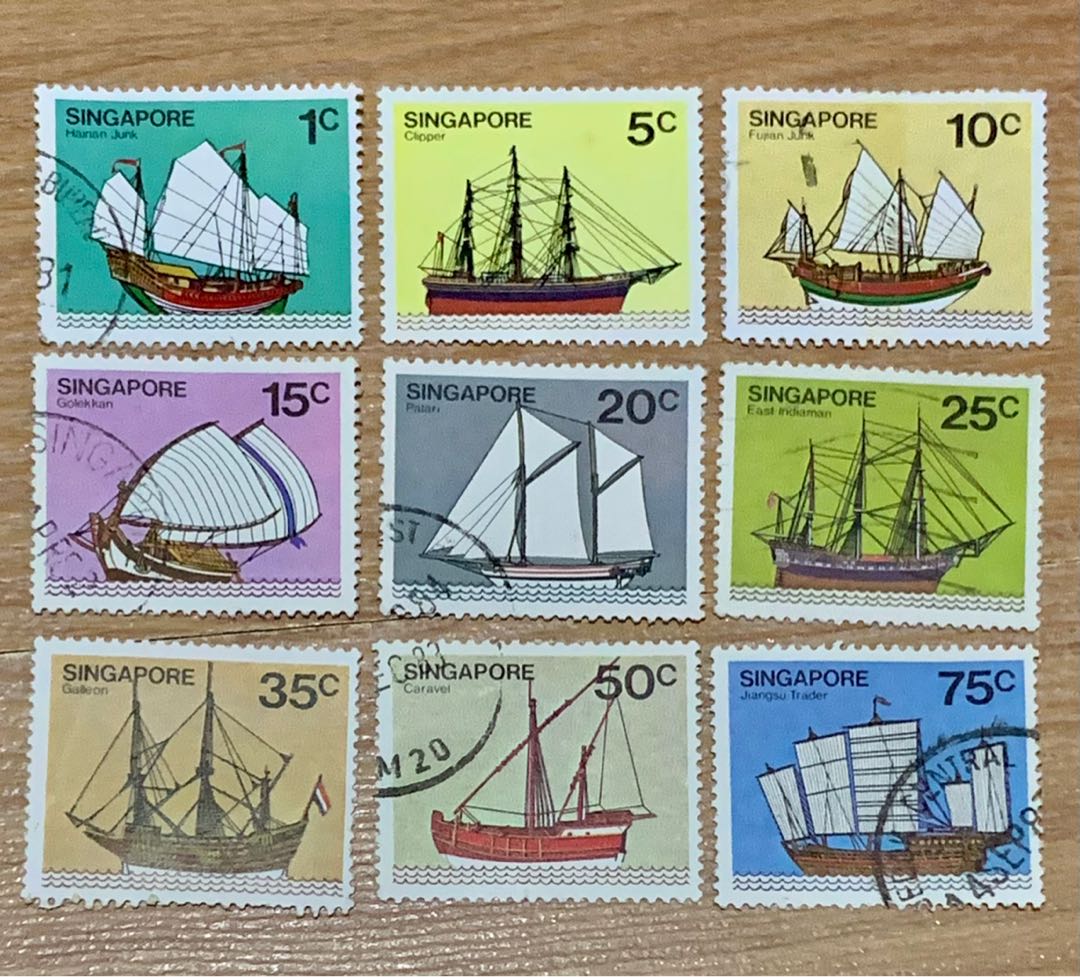 Singapore 1980 stamps set early migrant ships and vessels (35c damaged ...