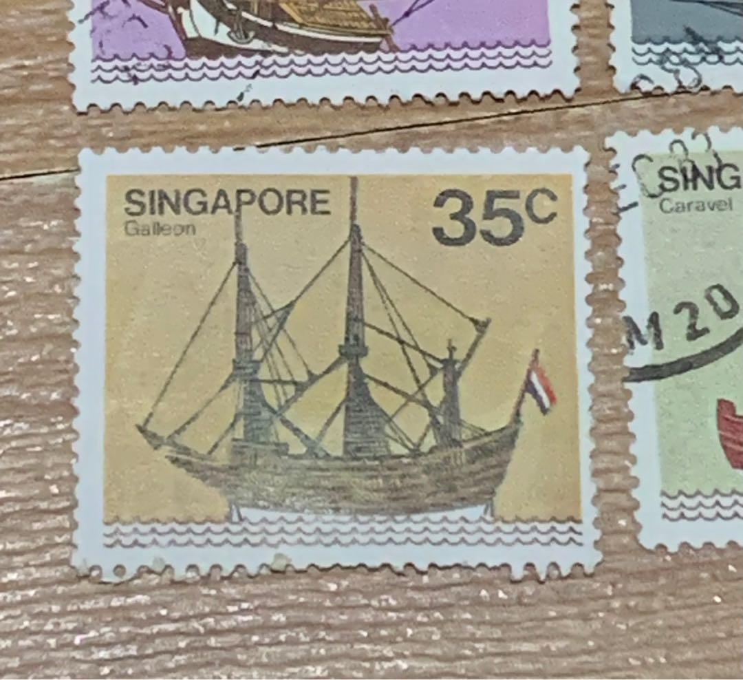 Singapore 1980 stamps set early migrant ships and vessels (35c damaged ...