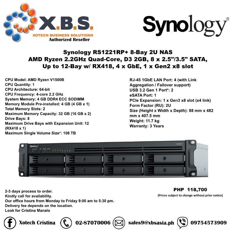 Synology RS1221RP+ 8-Bay 2U NAS AMD Ryzen 2.2GHz Quad-Core, D3 2GB, 8 x ...