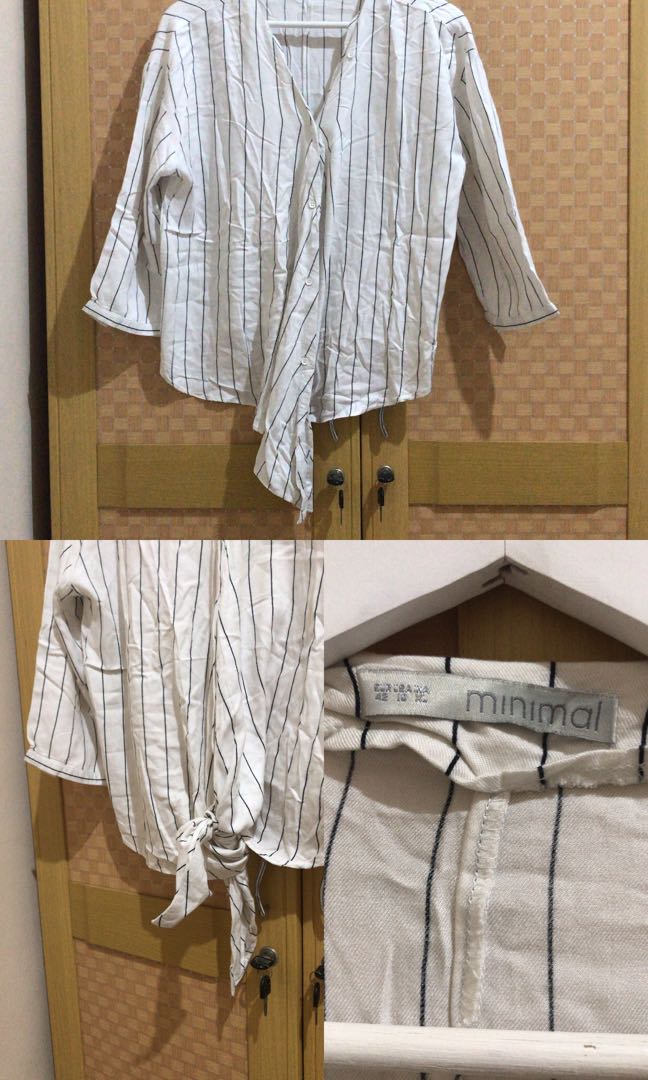 Minimal kaos kancing putih garis, Fesyen Wanita, Pakaian Wanita, Atasan di Carousell