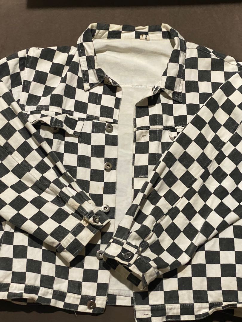 Denim Oversized Checkered Checkerboard Jacket, Women's Fashion, Coats ...