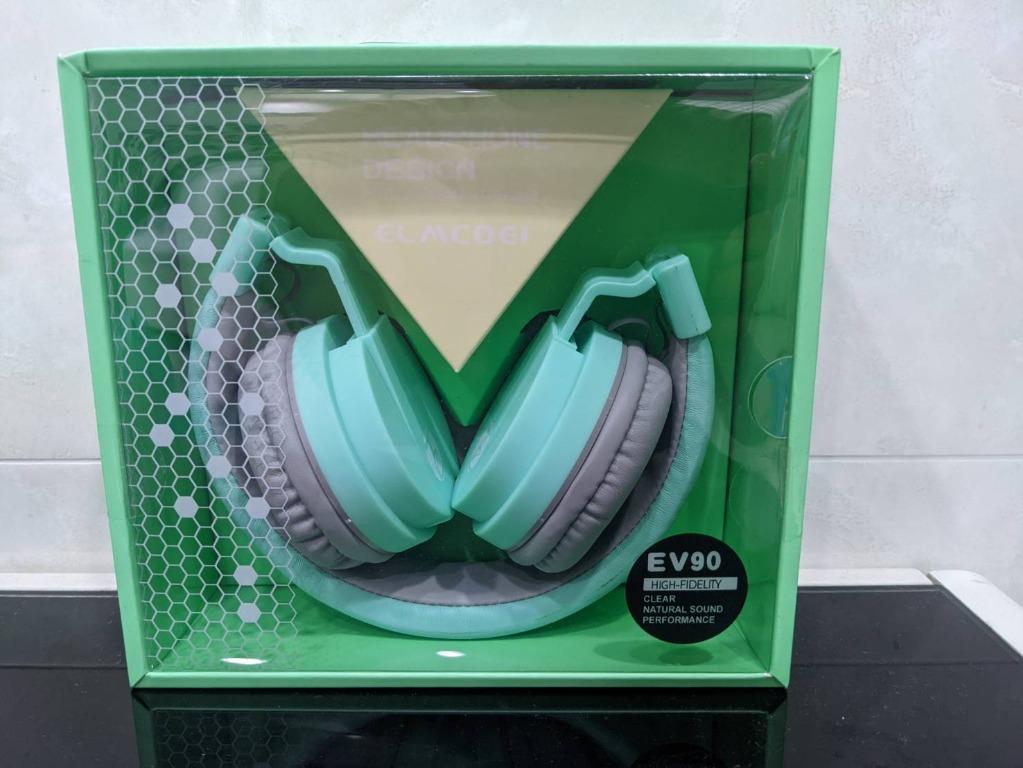 全新 ELMCOEI 馬卡龍 頭戴式 耳罩式 耳機 有線耳機 折疊式 摺疊式 時尚色 Tiffany綠色 EV 90 超低音立體聲 Elmcoei ev90 headphone for all ...