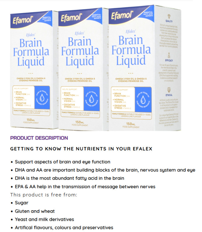 Efamol Efalex Brain Formula Liquid (150ml), Health & Nutrition, Health ...
