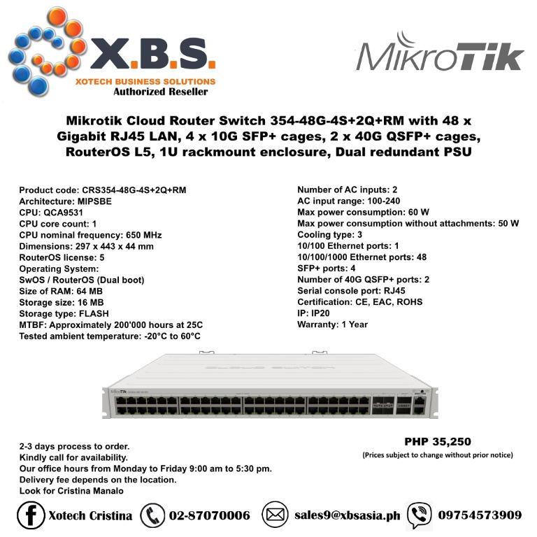Mikrotik Cloud Router Switch 354-48G-4S+2Q+RM with 48 x Gigabit RJ45 ...