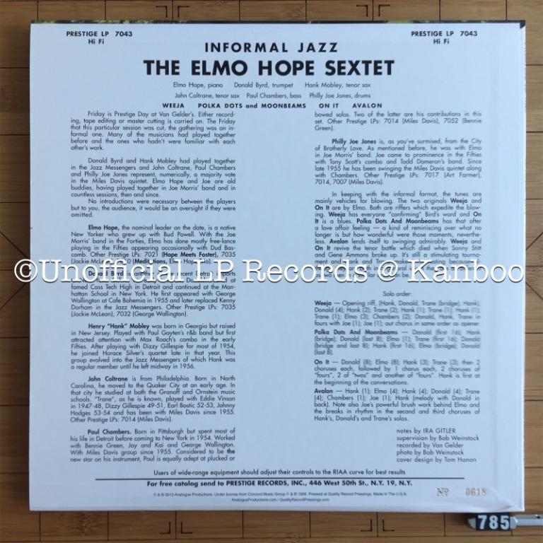 《Informal Jazz》Elmo Hope Sextet - APRJ 7043【限量版】2012 - US - 黑膠唱片, 興趣及遊戲, 音樂樂器 & 配件, 音樂與媒體 - 黑膠碟 ...