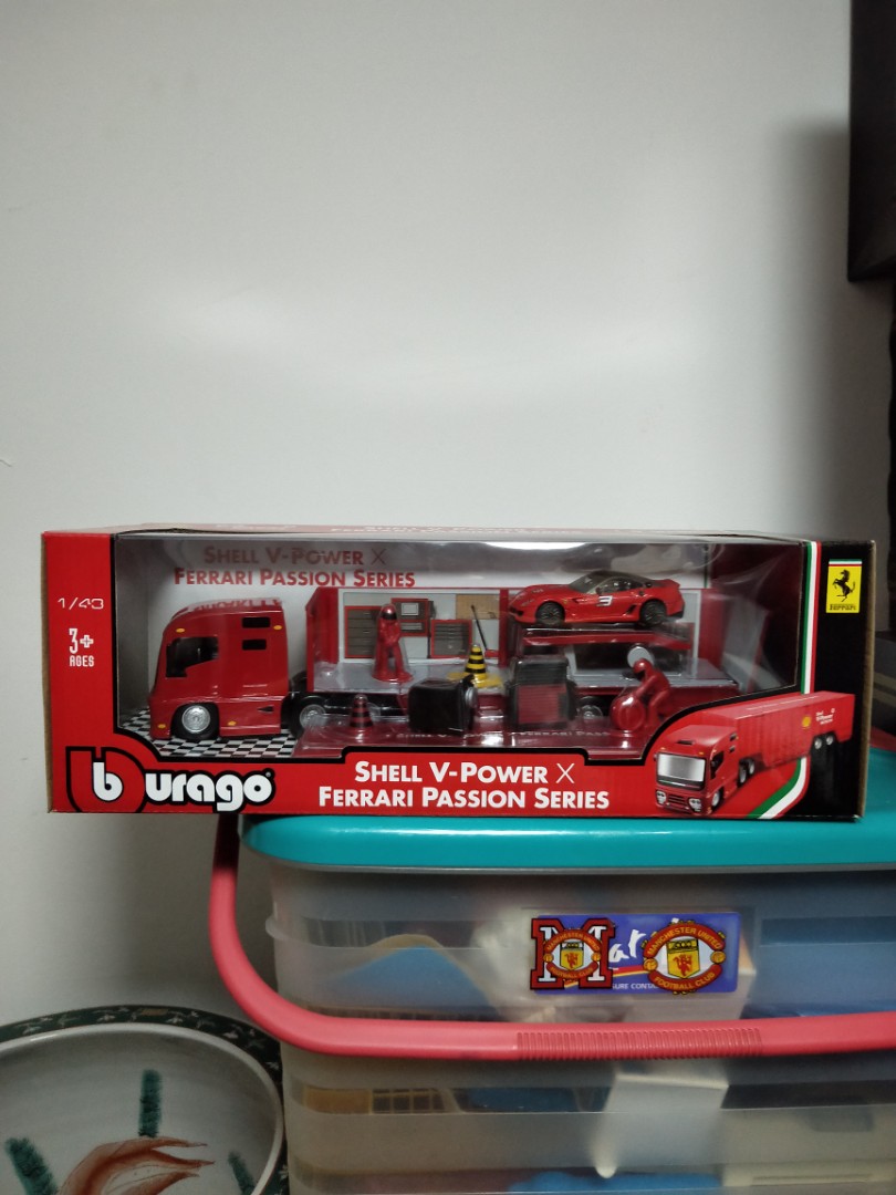 BBURAGO SHELL V-POWER FERRARI Passion Series Truck Hauler Set, Hobbies ...