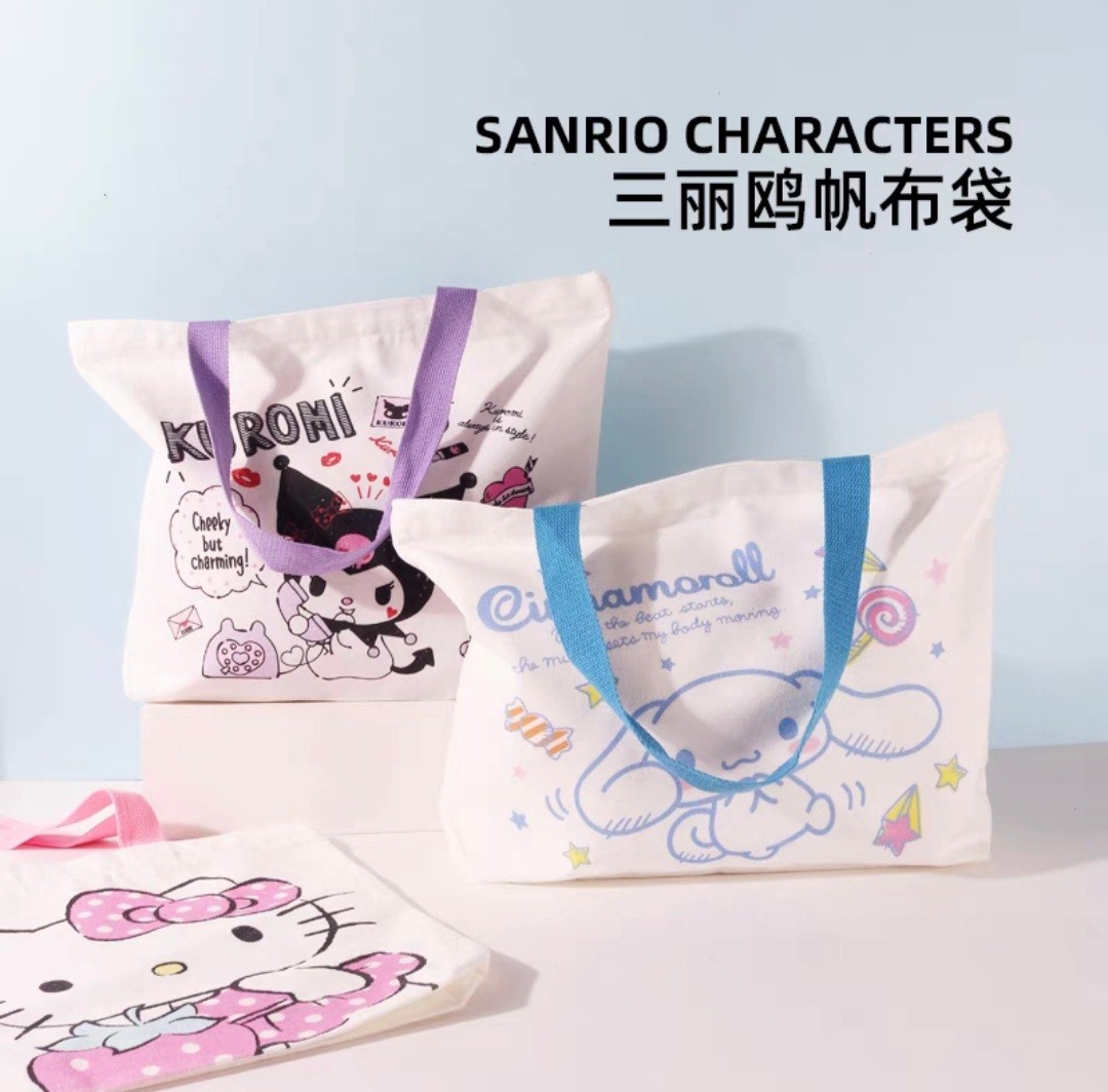 Sanrio Hello Kitty Melody Cinnamoroll Kuromi Pompompurin Canvas Tote Shopping Bag with Zip ...