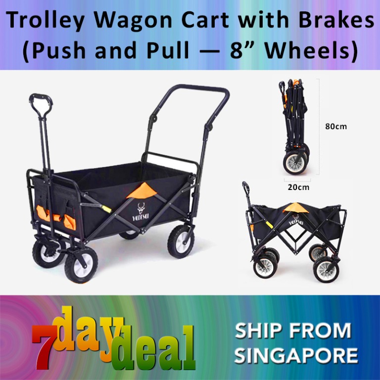Trolley Wagon Cart with Brakes and Handlebar — (8" Wheels, Dual ...