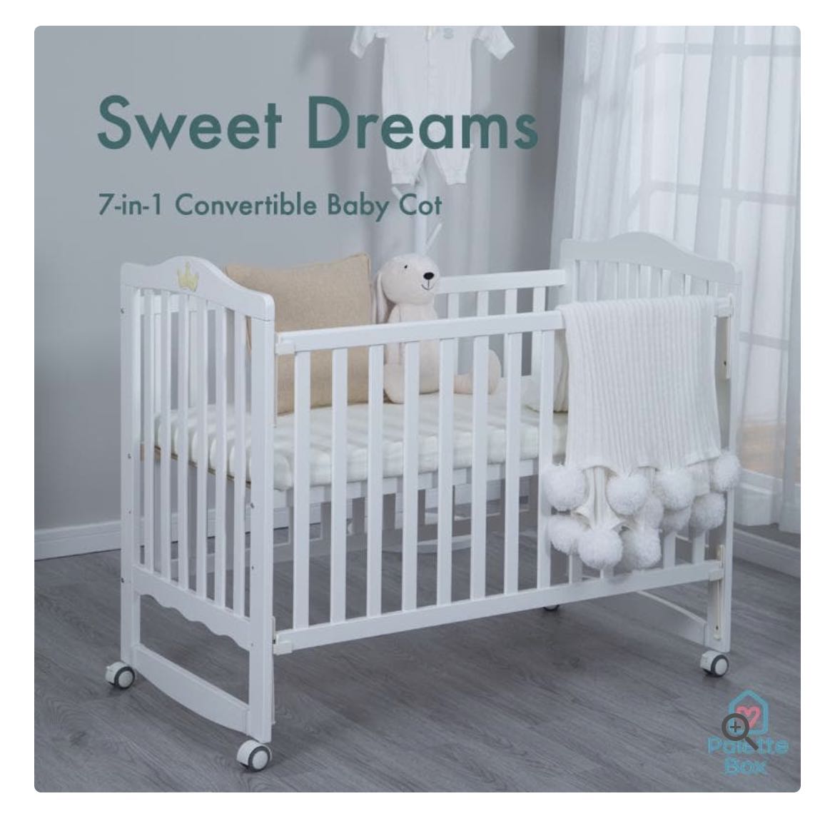 7 in 1 convertible baby cot with Clevamama mattress (120 x 60 cm ...