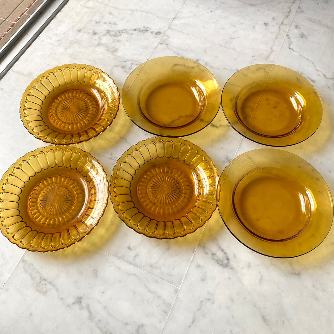 Vintage 1970s yellow amber brown glass plates, Furniture & Home Living ...
