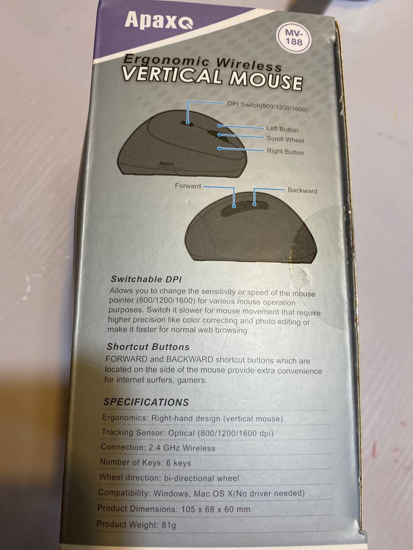 Apaxq MV188 Ergonomic Wireless Vertical Mouse 人體工學設計滑鼠, 電腦＆科技, 電腦周邊及配件 ...