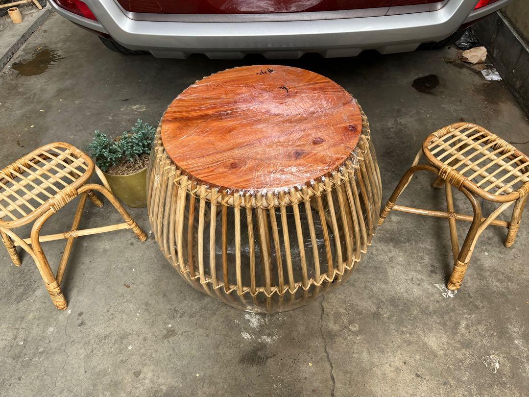 Rattan Center table with Acacia wood top and 2 Stools, Furniture & Home ...