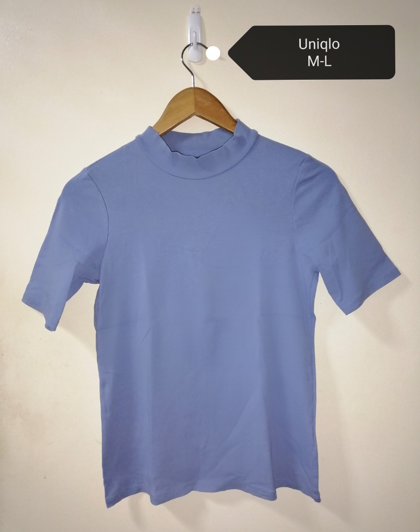 Uniqlo High Neck Blue, Women's Fashion, Tops, Blouses on Carousell