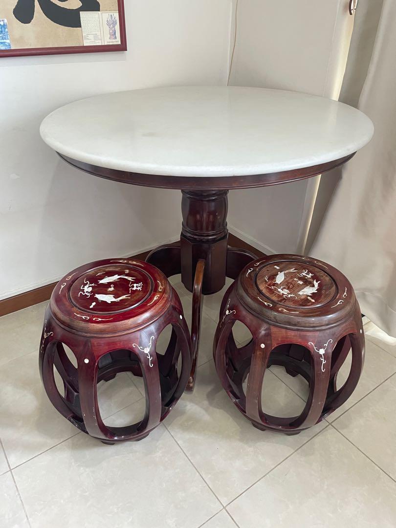 Vintage marble Kopitiam table and round solid wooden stools, Furniture ...