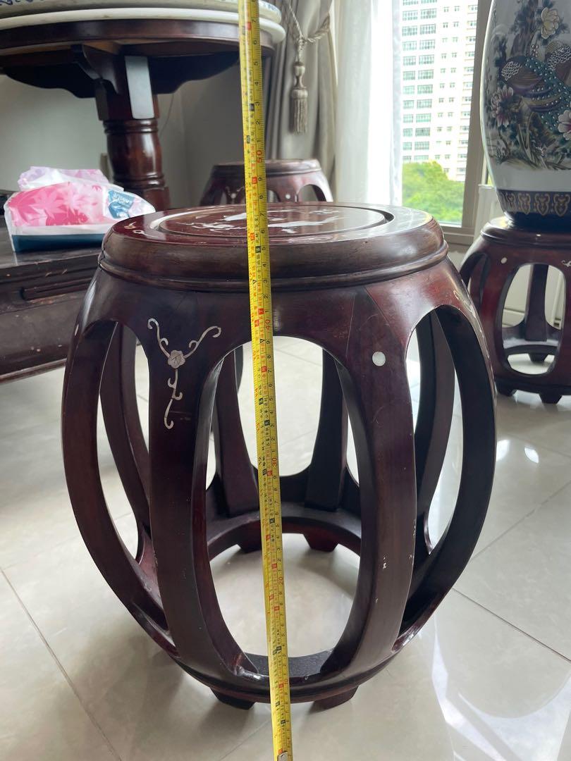 Vintage marble Kopitiam table and round solid wooden stools, Furniture ...