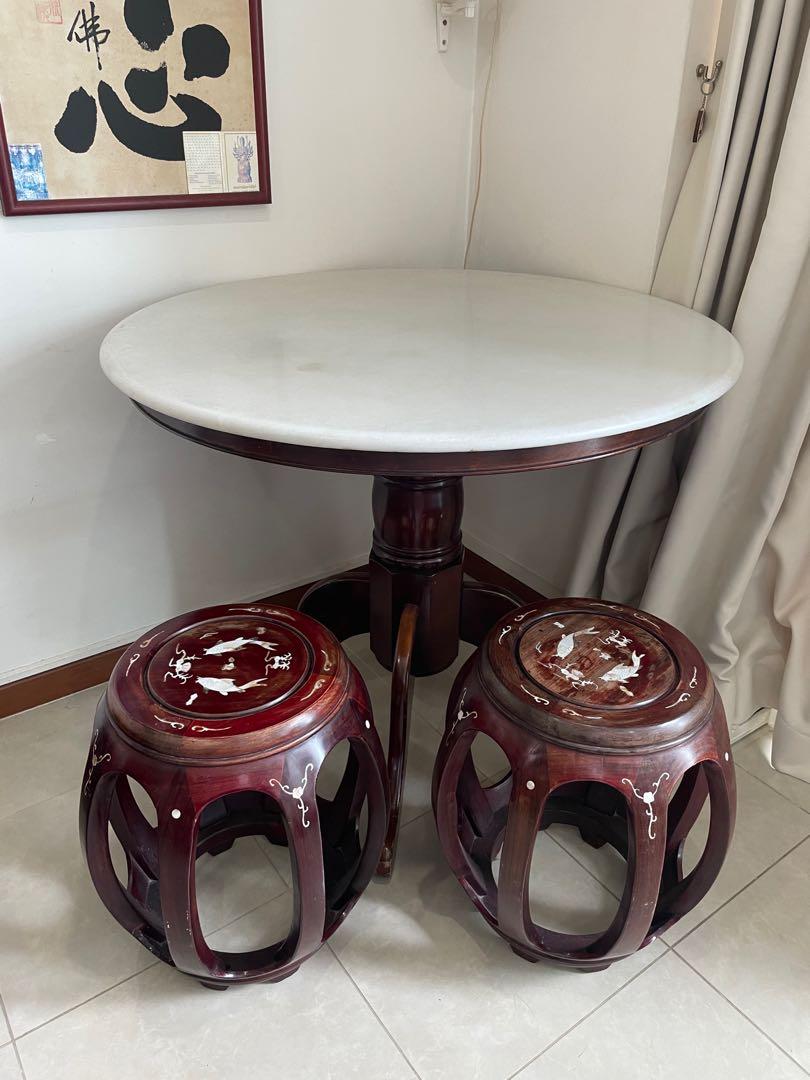 Vintage marble Kopitiam table and round solid wooden stools, Furniture ...