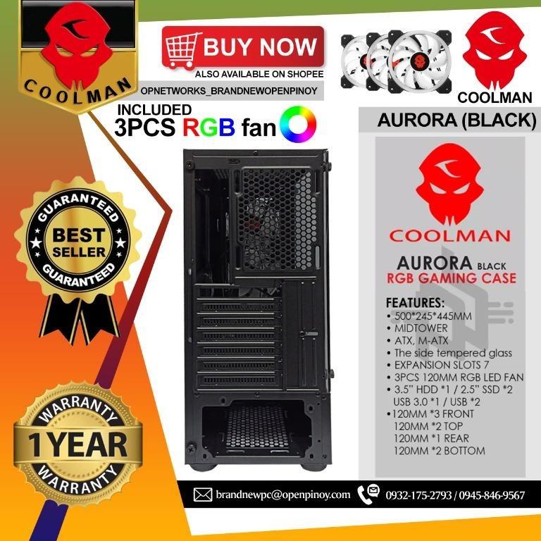 Coolman AURORA Black Gaming Case W/ 3 pcs RGB fan, Computers & Tech ...