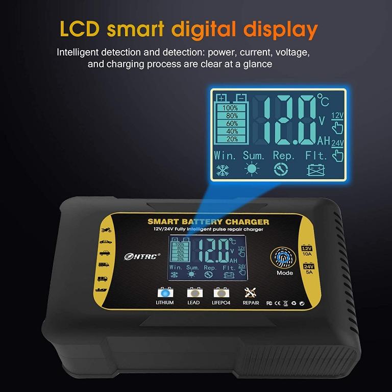 HTRC Car Battery Charger 12V/24V 10Amp 7 Stages Lithium Lead-Acid ...