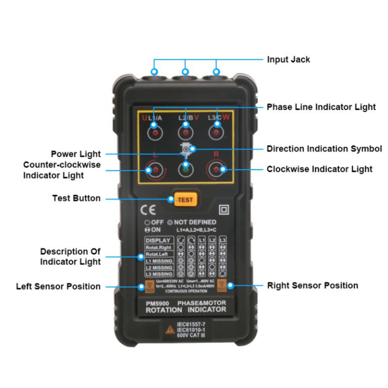 3-Phase Sequence Rotation Tester Digital Motor Rotation Indicator Meter ...
