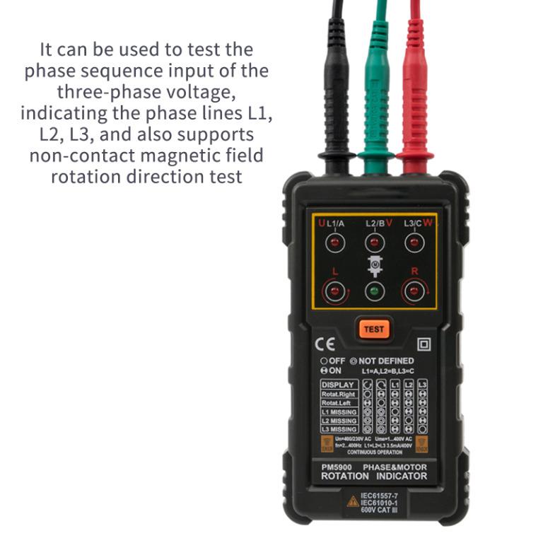 3-Phase Sequence Rotation Tester Digital Motor Rotation Indicator Meter ...