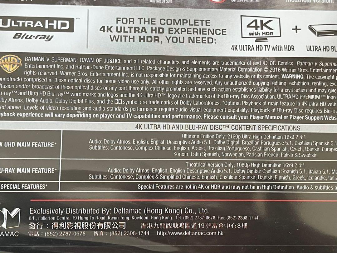 Batman v Superman: Dawn of Justice 蝙蝠俠對超人: 正義曙光 (2016) (4K Ultra-HD Blu-ray + Blu-ray) (雙碟限定版 ...