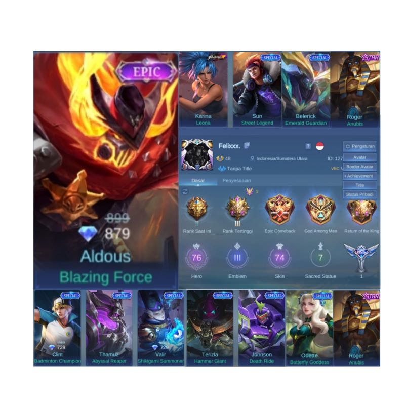 74 skins Mobile legend account #100 (76 HEROES, 74 SKINS, 3 MAXED ...