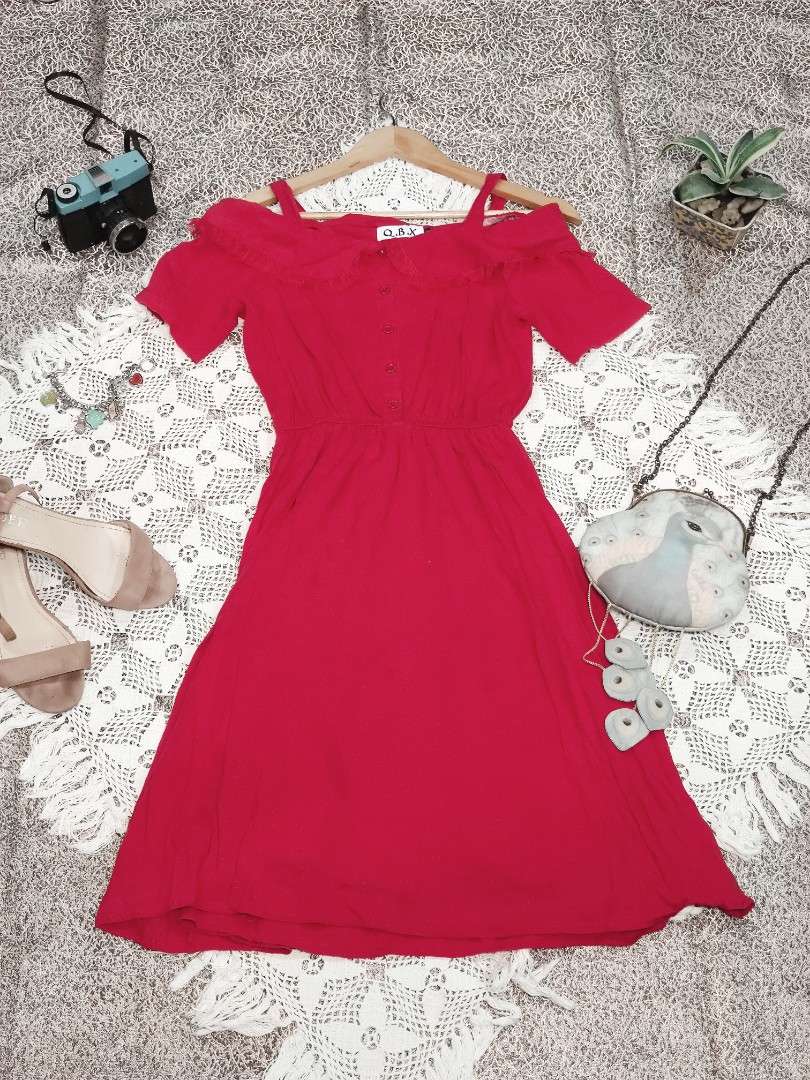Cherry Red Dress Off Shoulder with Strap, Women's Fashion, Dresses ...