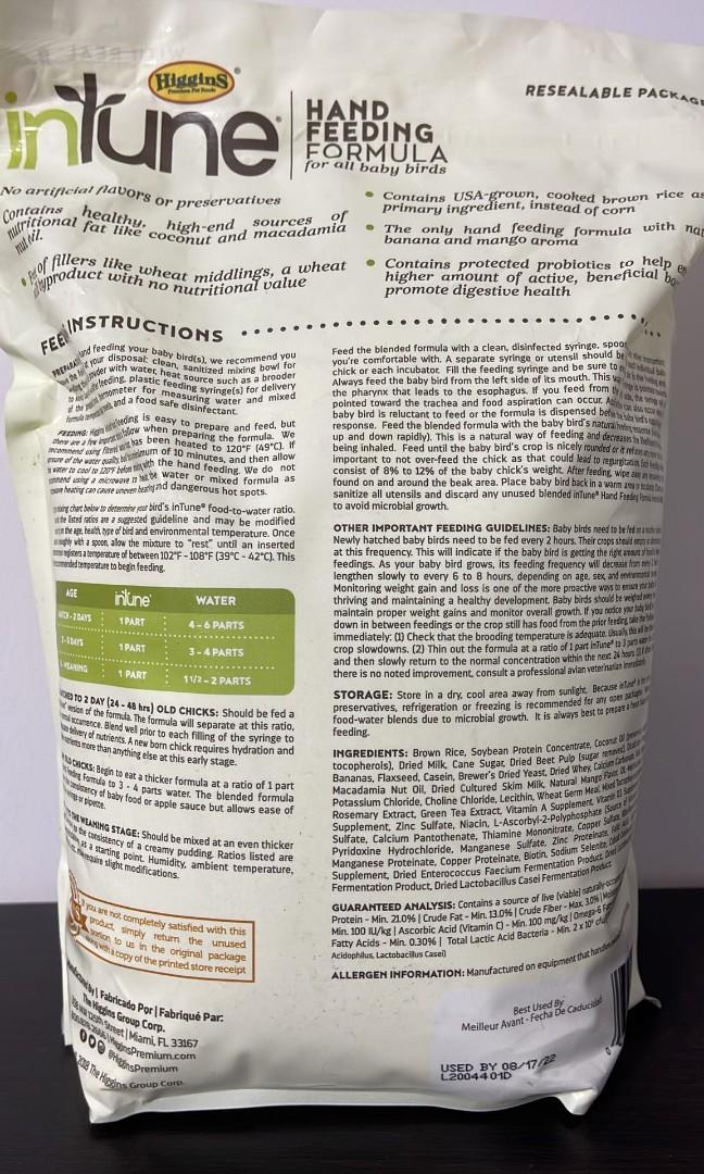 HIGGINS INTUNE HAND FEEDING FORMULA, Pet Supplies, Pet Food on Carousell