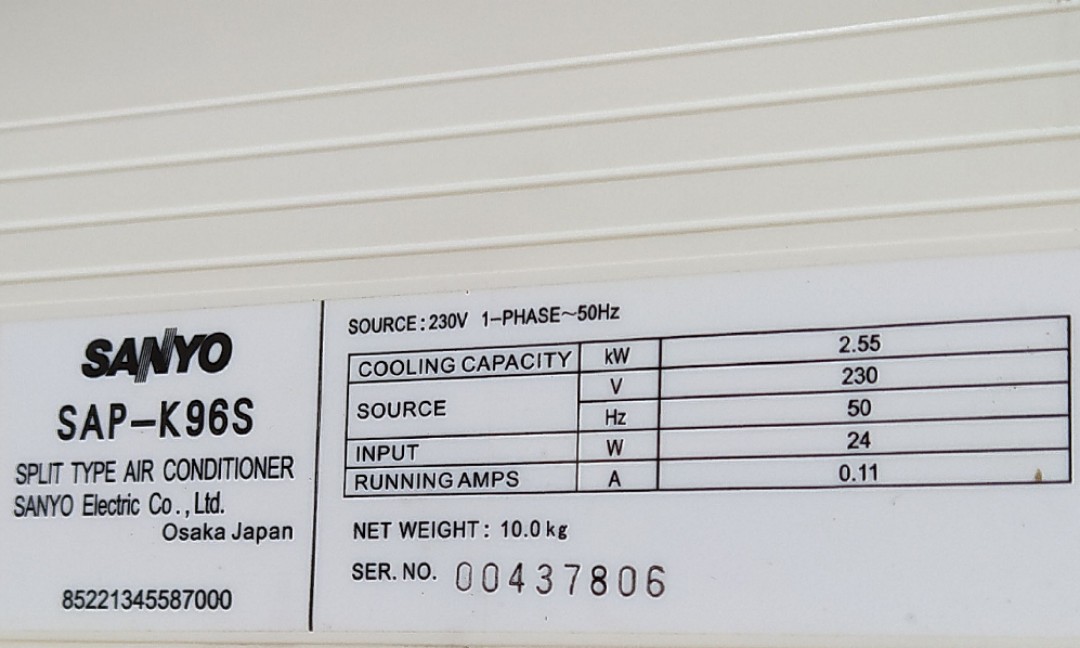 Sanyo Spilt Type Air Conditioner SAP-K96S Sensor Unit, Main Board and ...