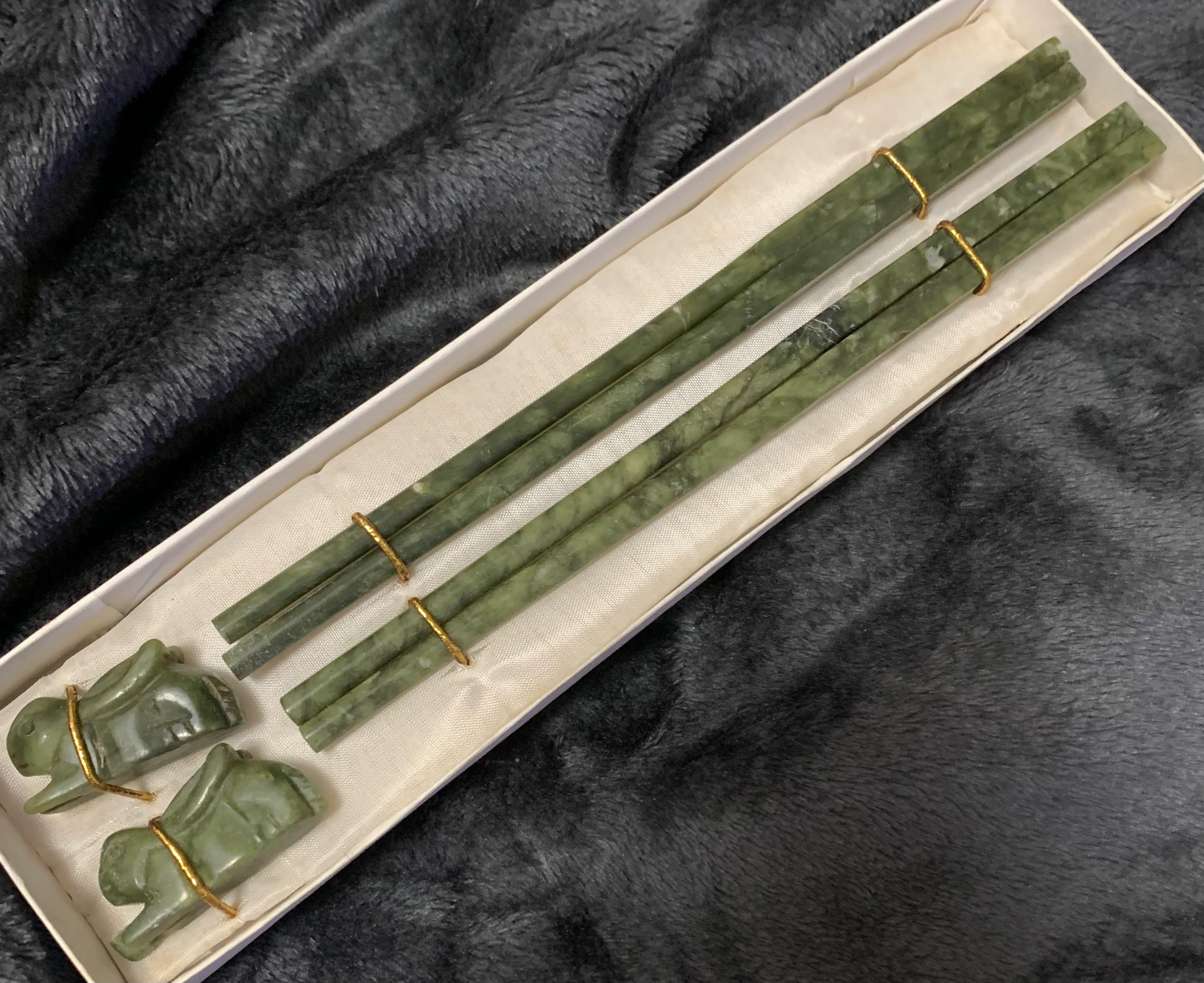 Vintage Natural Green Stone/Jade Chopsticks, Furniture & Home Living ...