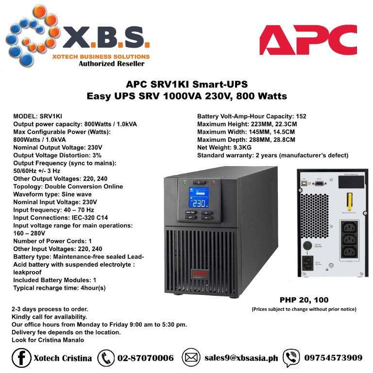 APC SRV1KI Smart-UPS Easy UPS SRV 1000VA 230V, 800 Watts, Computers & Tech, Parts & Accessories ...