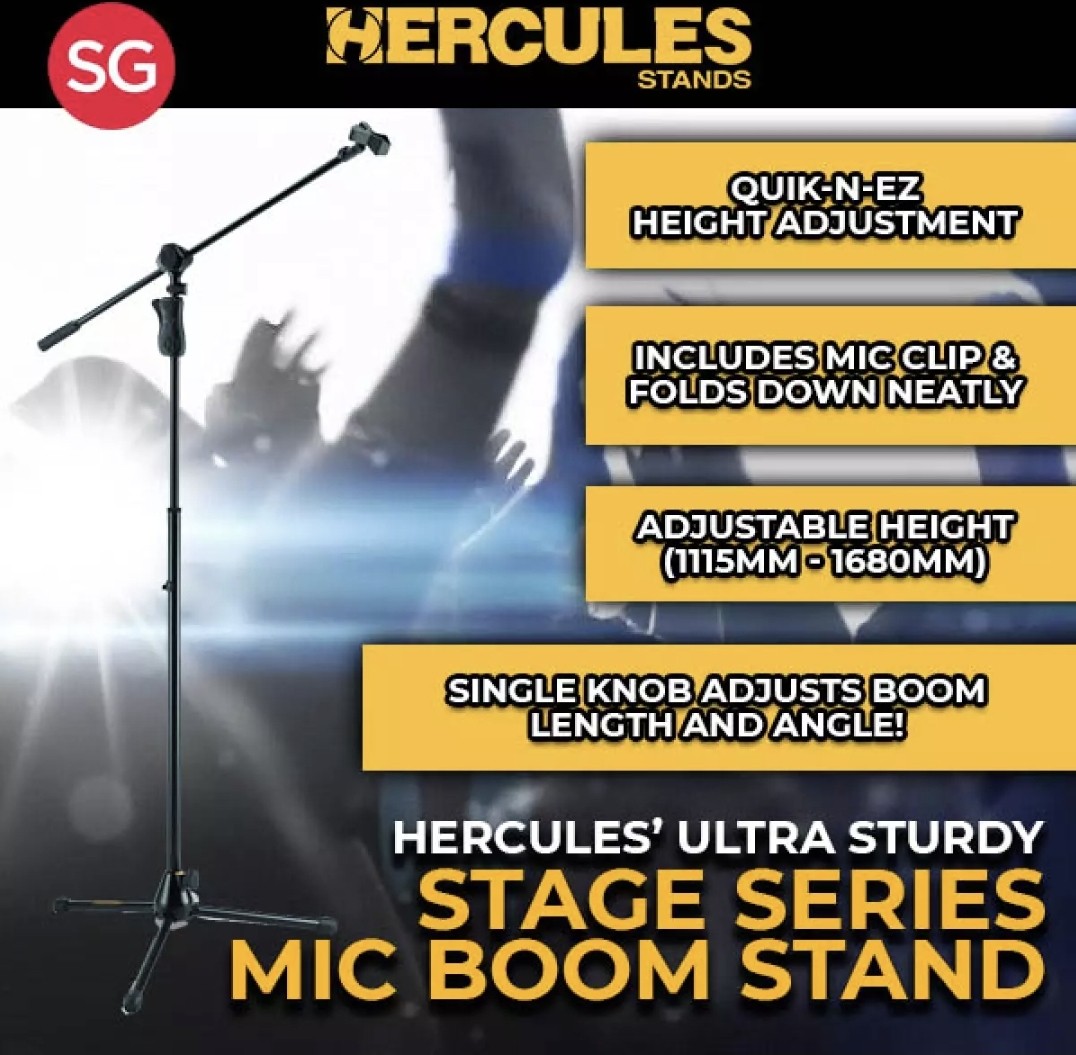 Hercules MS632B Ez Grip Tripod Microphone Stand w/2 in 1 Boom & Mic ...