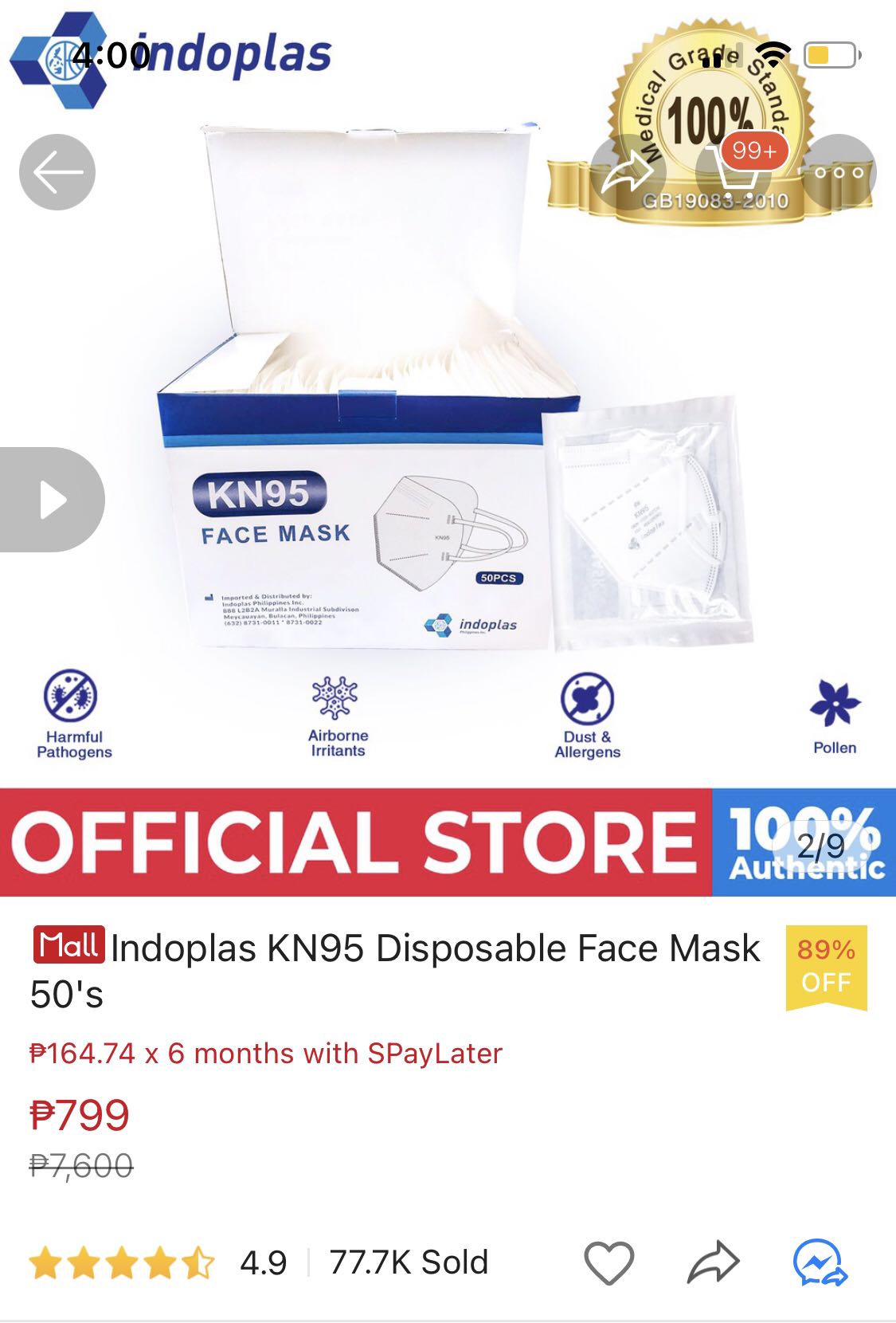 Indoplas KN95 Disposable Face Mask 50's, Health & Nutrition, Face Masks ...