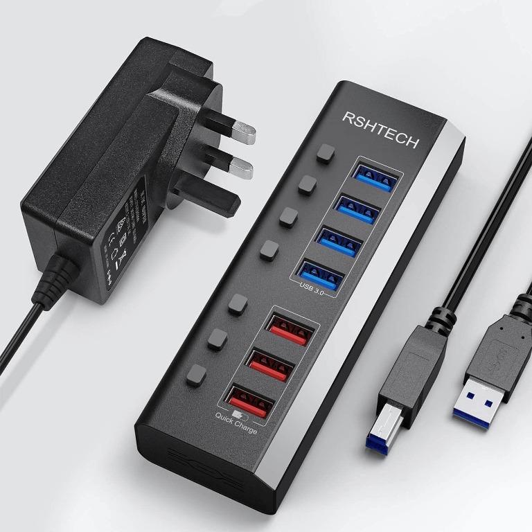 RSHTECH Powered USB Hub 7 Port USB 3 Hub Extension (4 USB 3.0 Data Port + 3 Fast Charging Port ...