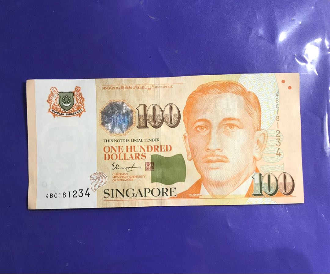 Singapore $100 Currency Note $100 Nice Number ends with 1234 4BC 181234 ...