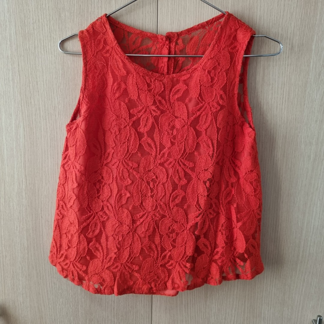 Red Lace Blouse, Women's Fashion, Tops, Sleeveless on Carousell