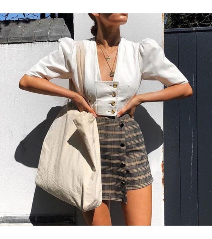 Contrast Stitch Influencer Summer Cropped Top Puffed Sleeve, Women's ...