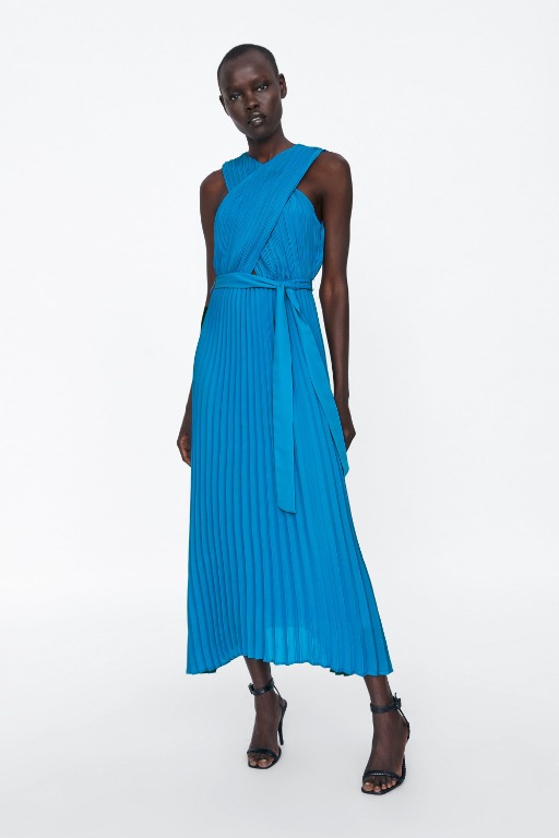 ZARA Cross Over Neck Electro Pleated Belted Midi Dress...Super Elegant ...