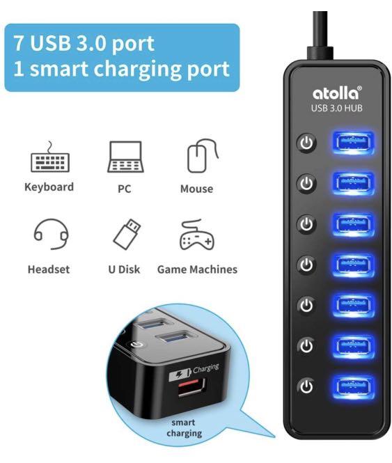 atolla Powered USB Hub 3.0, Atolla 7-Port USB Data Hub Splitter with One Smart Charging Port and ...