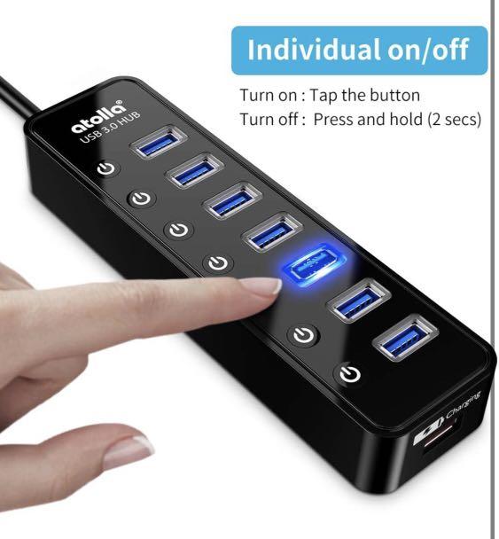 atolla Powered USB Hub 3.0, Atolla 7-Port USB Data Hub Splitter with One Smart Charging Port and ...