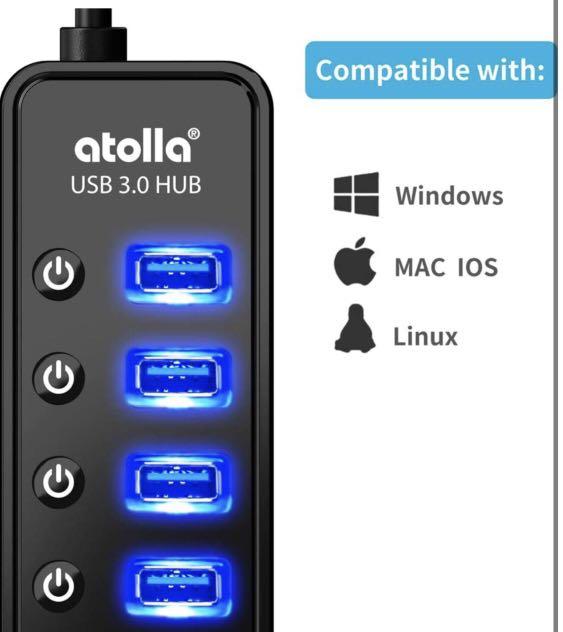 atolla Powered USB Hub 3.0, Atolla 7-Port USB Data Hub Splitter with One Smart Charging Port and ...