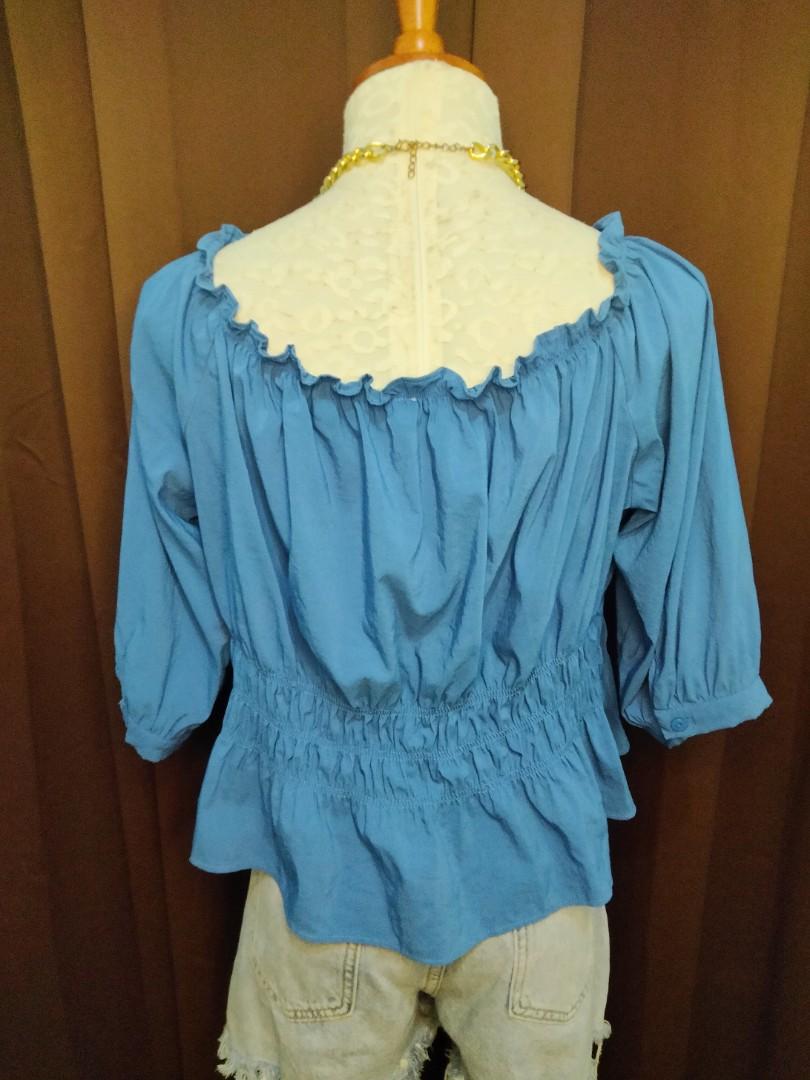 Azure Blue Trendy Korean Blouse Top with Ribbon Tie Knot, Women's ...