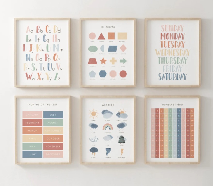 Montessori Learning ABC 123 Educational Poster Baby Nursery Children ...