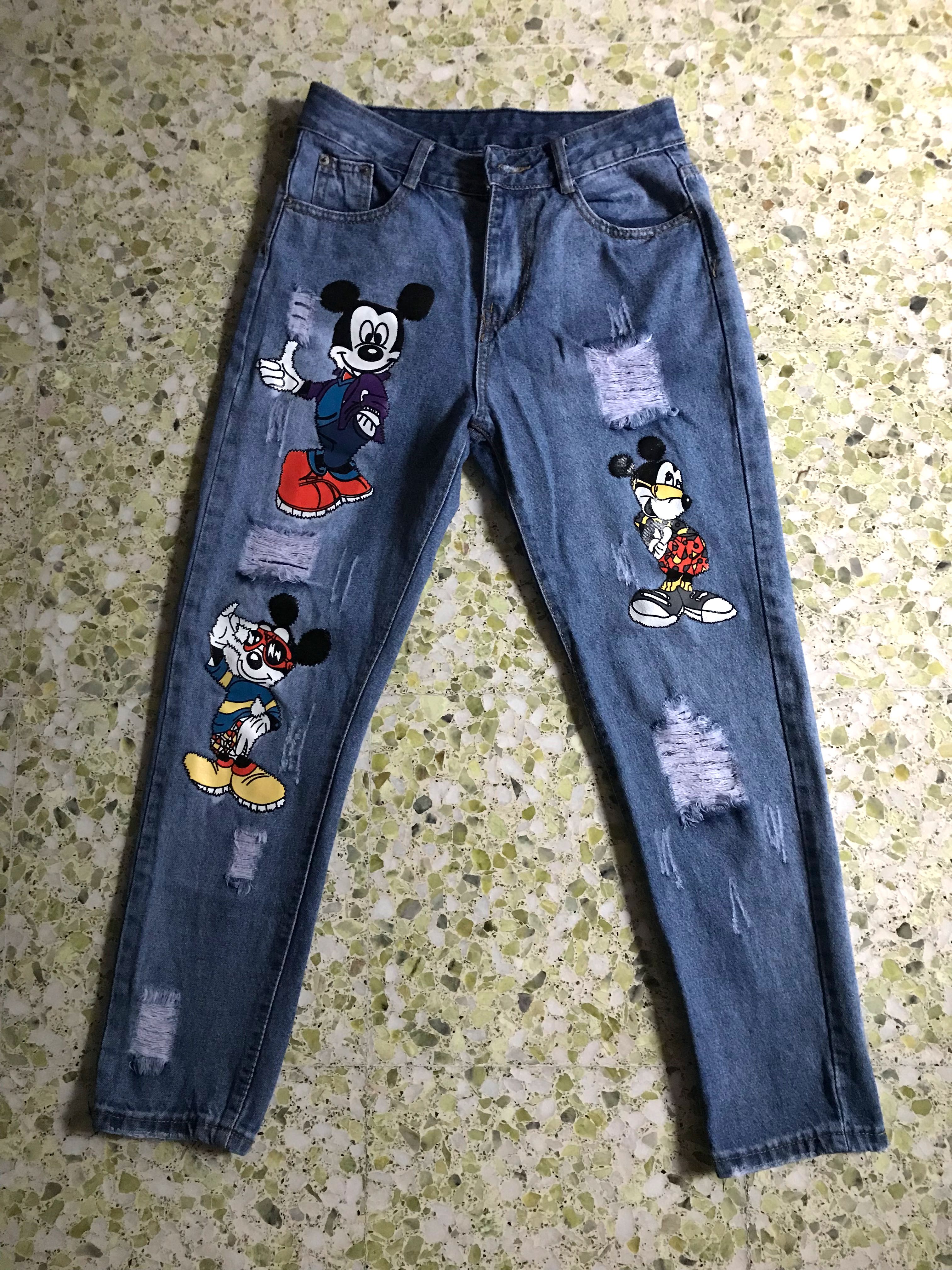Ripped Mickey Mouse Jeans, Women's Fashion, Bottoms, Jeans & Leggings ...